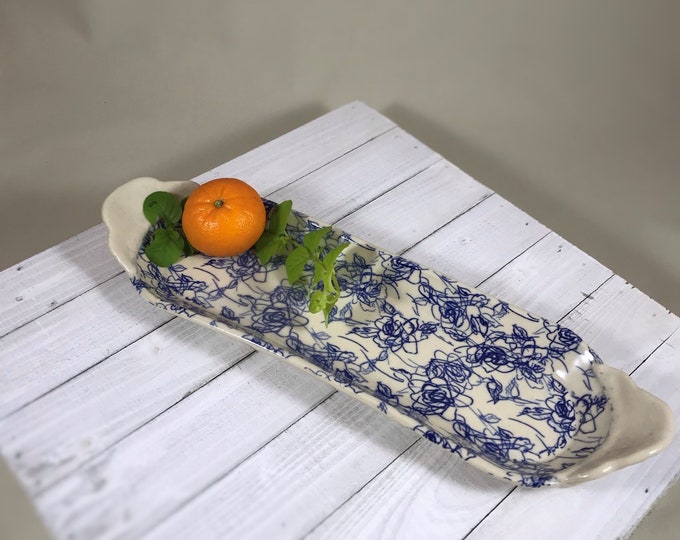 Ceramic rectangular tray with blue flowers/Hand made/ready to ship ...