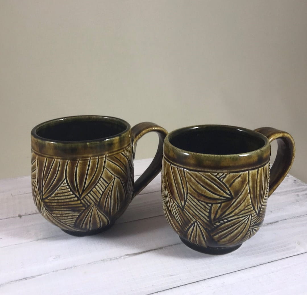 Hand Carved Porcelain Mugs With Leaf Carving, Brown and Black, Ready to ...