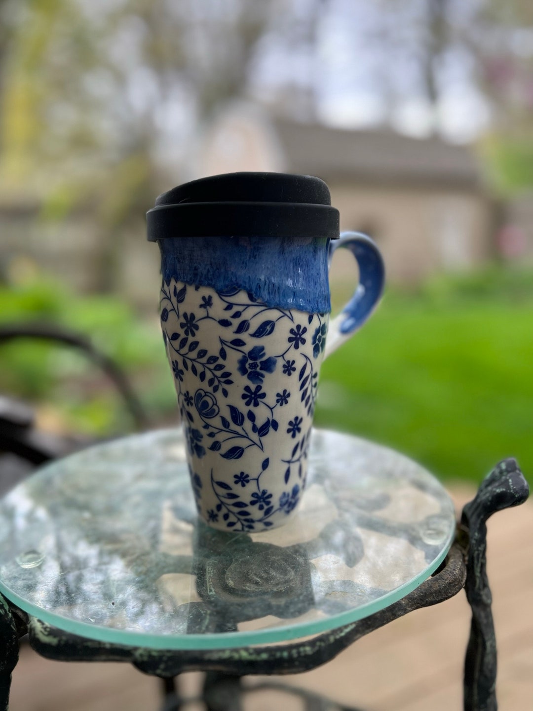 Porcelain Travel Mug Handmade, Pottery Travel Mug,blue With Flower ...