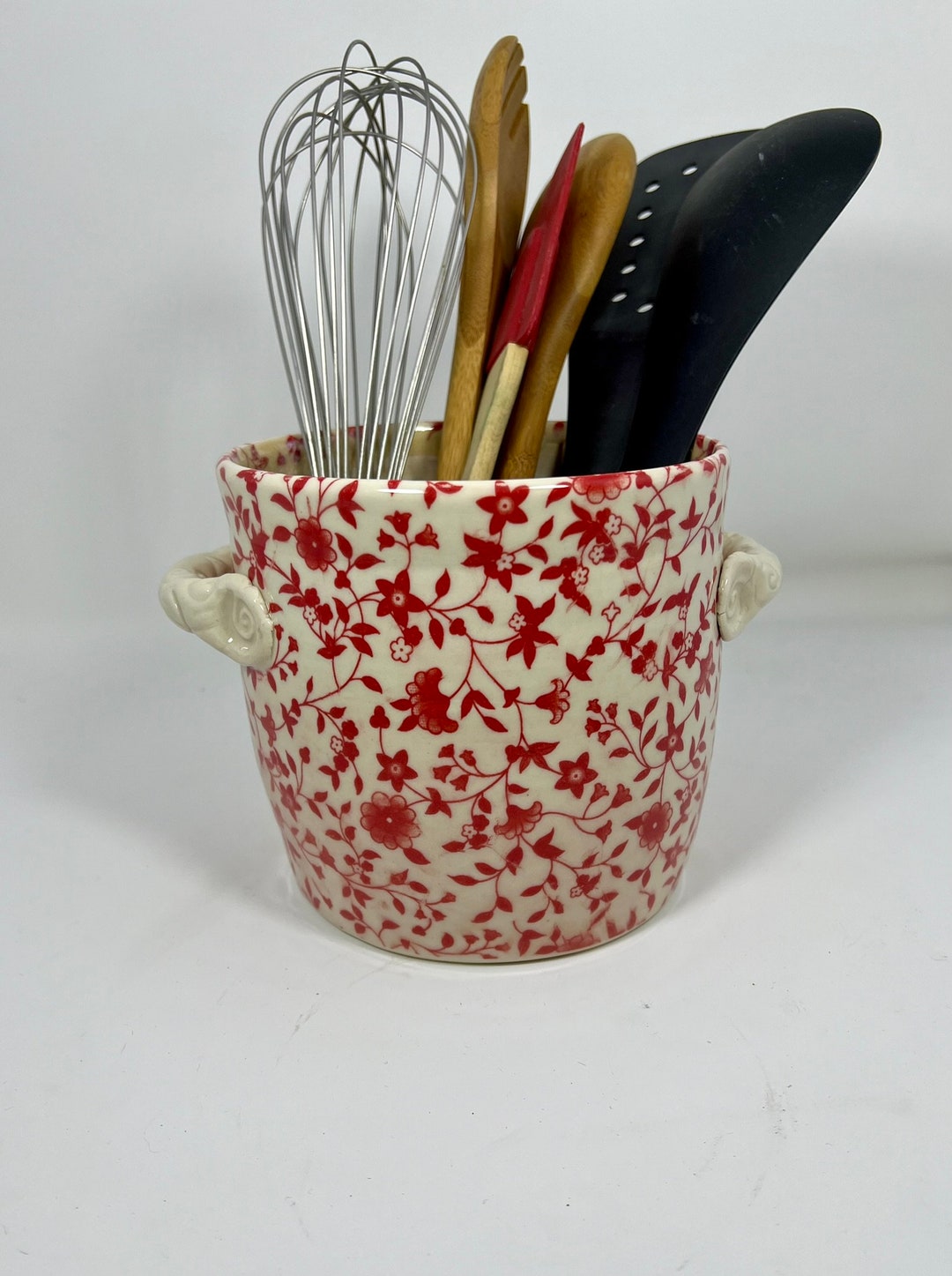 Large Ceramic Utensil Holder With Handles Red Flower Design for Kitchen ...