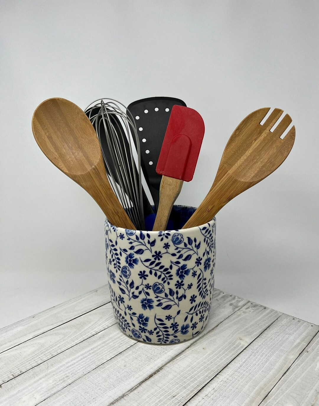 Large Stoneware Utensil Holder With Blue Flower Design for Kitchen ...