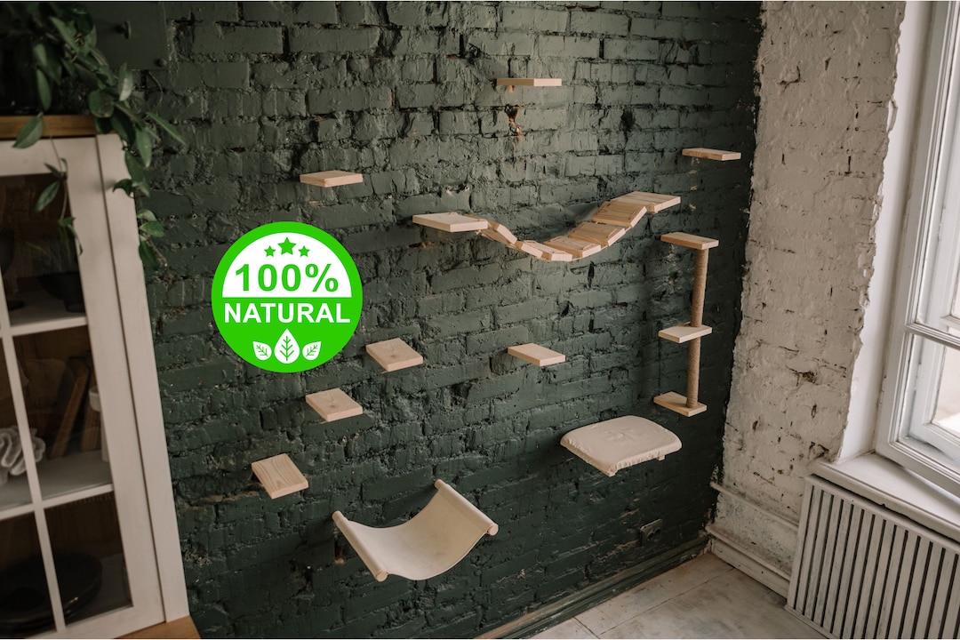 Natural Wood Cat Tree Set, Cat Wall Furniture Post Includes Bed ...