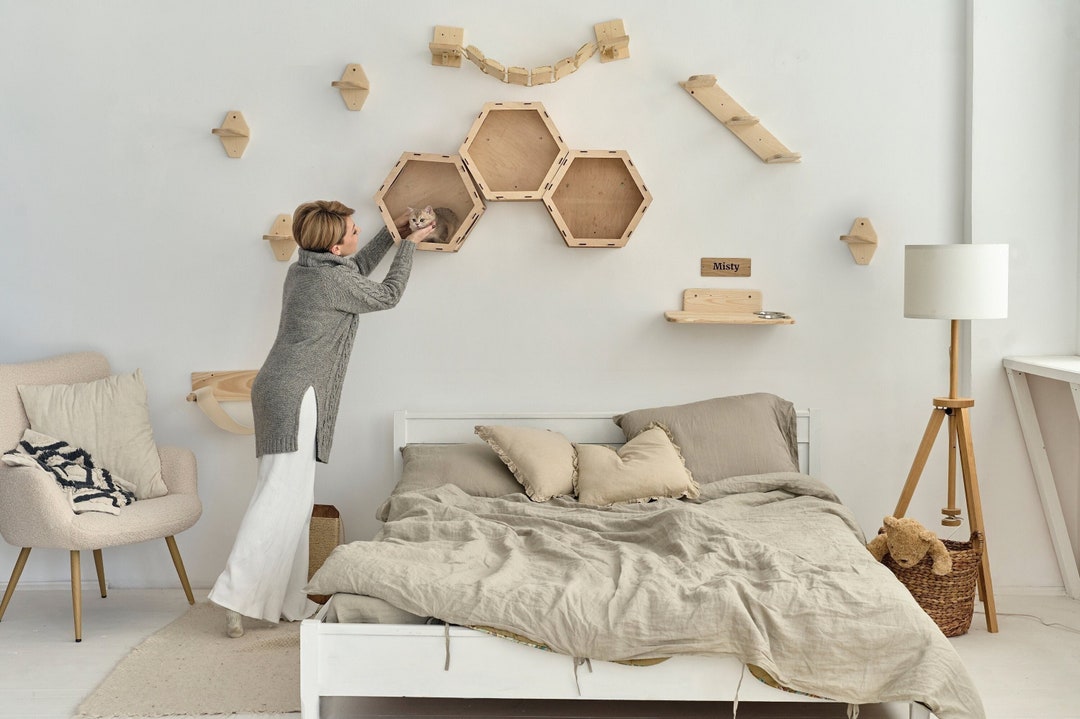 Solid Wood Cat Climbing Wall Post, Cat Shelves for Wall Set, Cat ...
