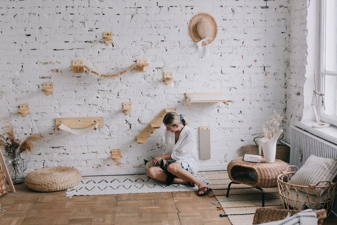 Recycled Wood Cat Wall Post With Shelves (cat Playground Furniture ...