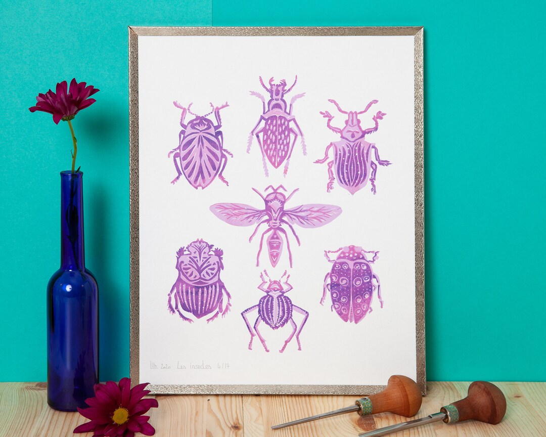 Insectes (24x30cm) - 2 Layers Linocut Original Fine Art Print Linoprint ...