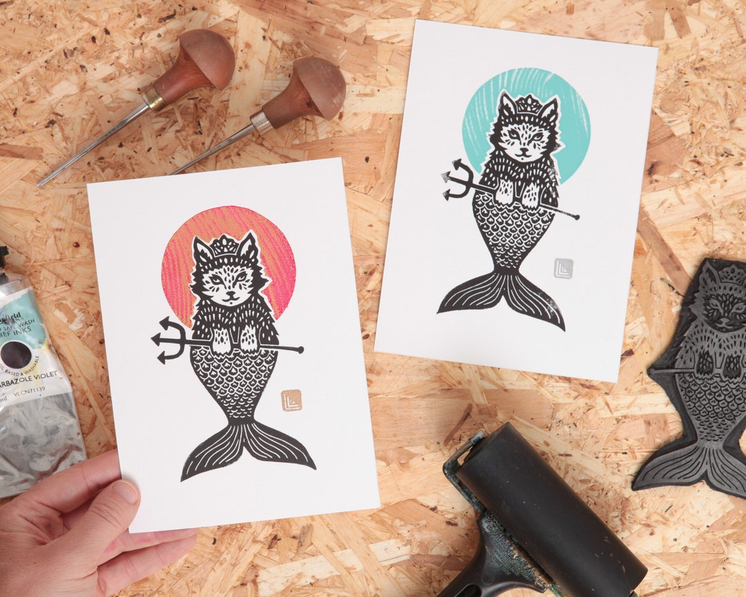 Chat Sirène - Catmaid (13x18cm) - Linocut Fine Art Print Decor ...