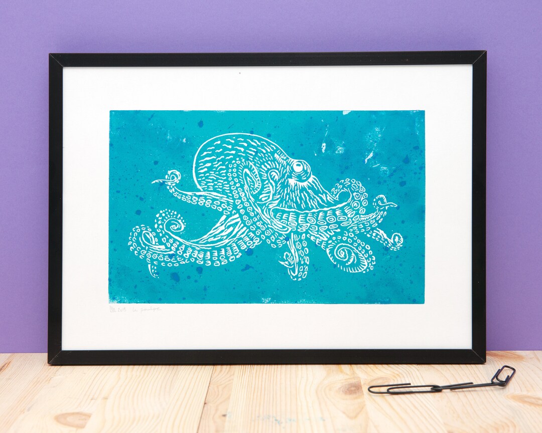 Octopus Linocut Print – Teal Ocean Art, Sea Lover Gift A4 - Etsy