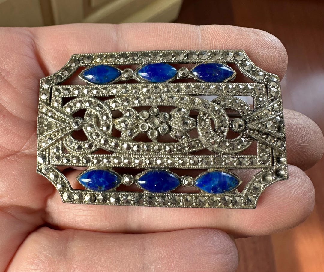 Vintage Broken Marcasite Blue Lapis Brooch for Repair Component Jewelry ...