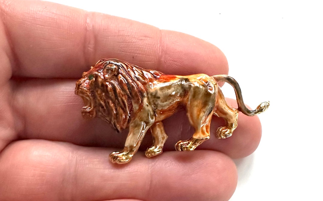 Vintage Jewelry Brooch Signed ELG Enamel Lion Rhinestone Green Eyes Pin ...