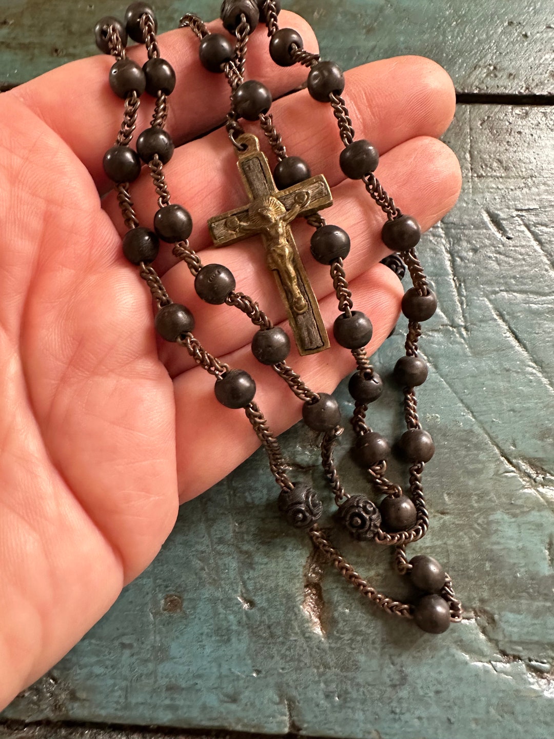 Vintage Wooden Bead Rosary Crucifix Prayer Beads - Etsy