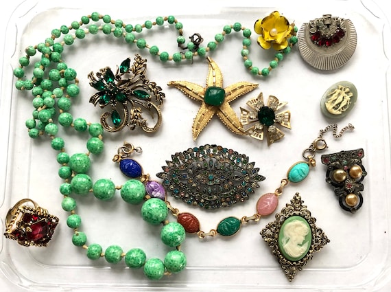 Vintage Broken Rhinestone Jewelry Findings Parts Embellishments Brooches Lot Repurpose Mixed Art Repair Supply Colorful Cameo Scarab Mix Etsy