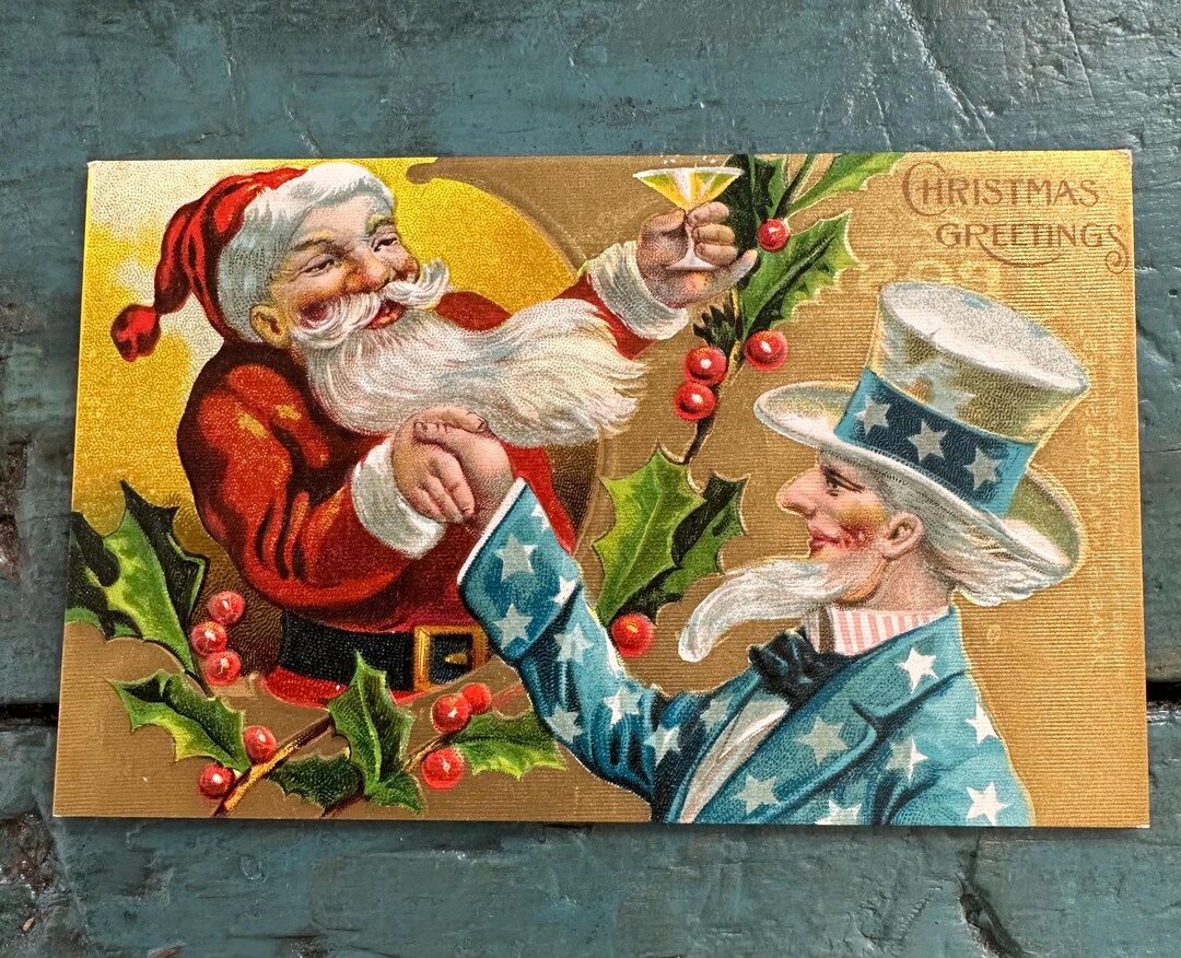 Antique Vintage Santa Claus Uncle Sam Patriotic Christmas Embossed ...