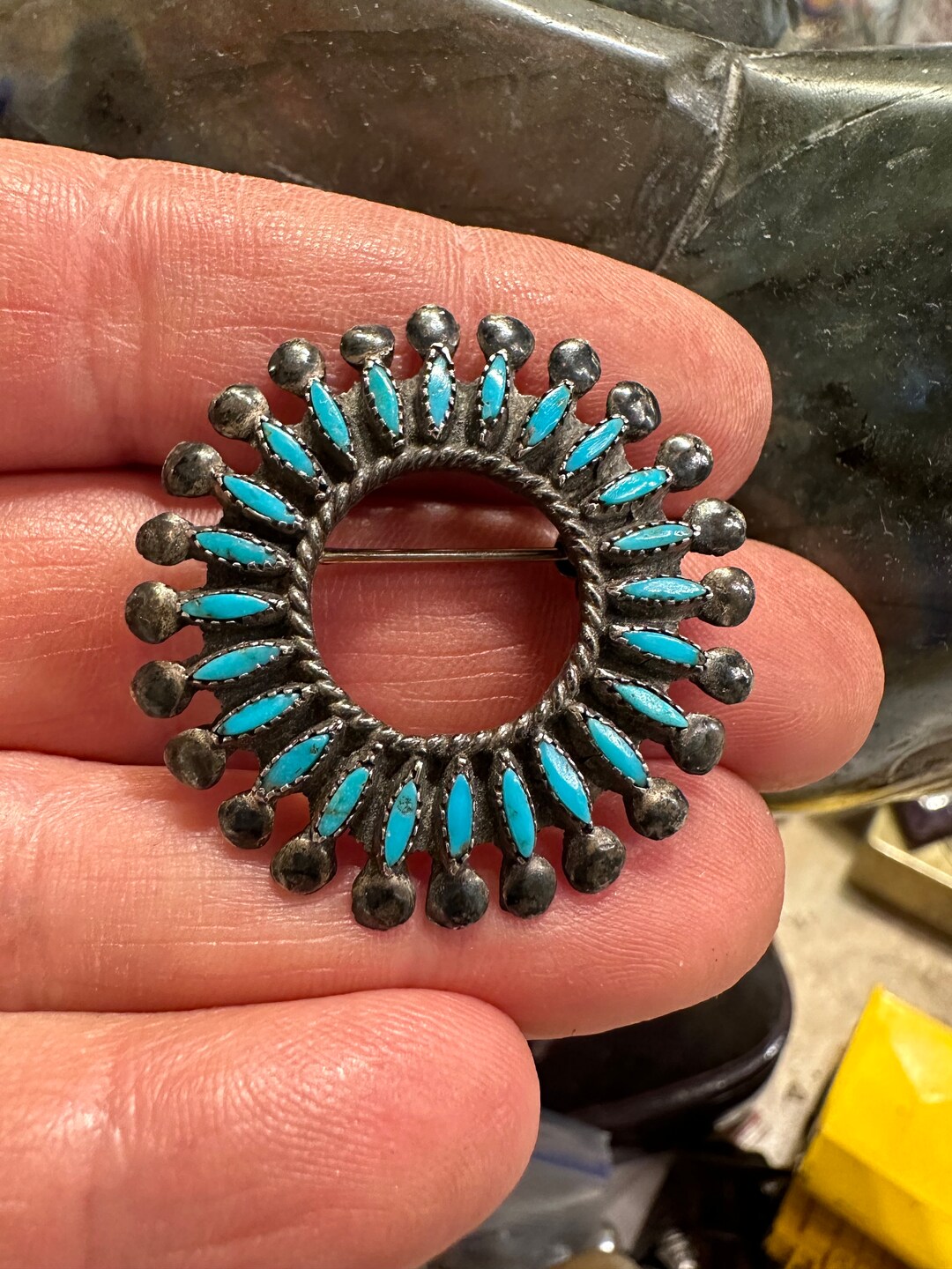 Vintage Indigenous Zuni Turquoise Sterling Silver Brooch Pin Pendant ...