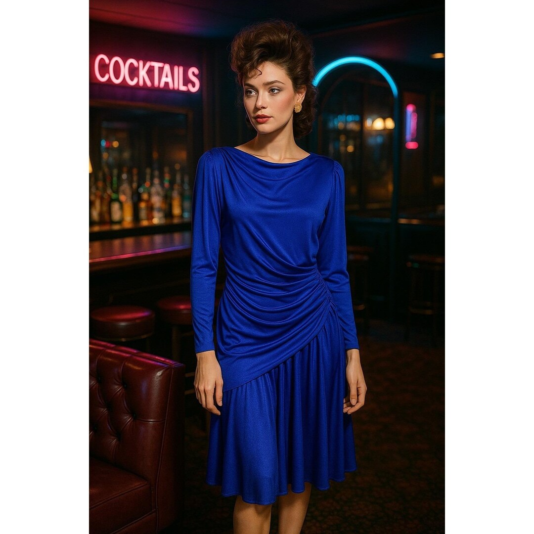 Vtg Abby Kent Dress Womens 14 Blue Ruched Drape Long Sleeve Cocktail ...
