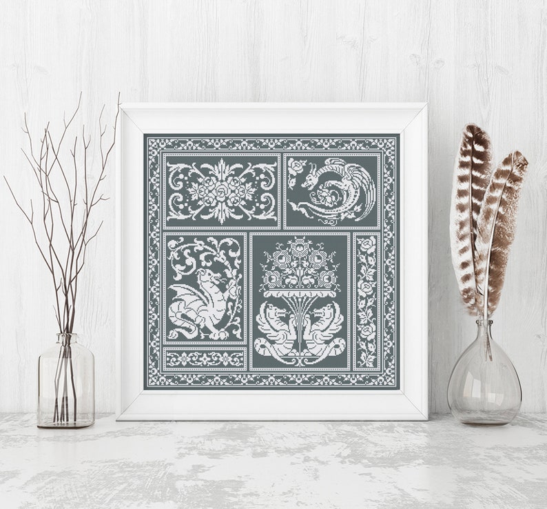 Sampler Cross Stitch Pattern, Dragon Cross Stitch Pattern, Flowers ...