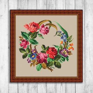 Vintage Wreath # 10 Cross Stitch Pattern, Roses Cross Stitch Pattern ...