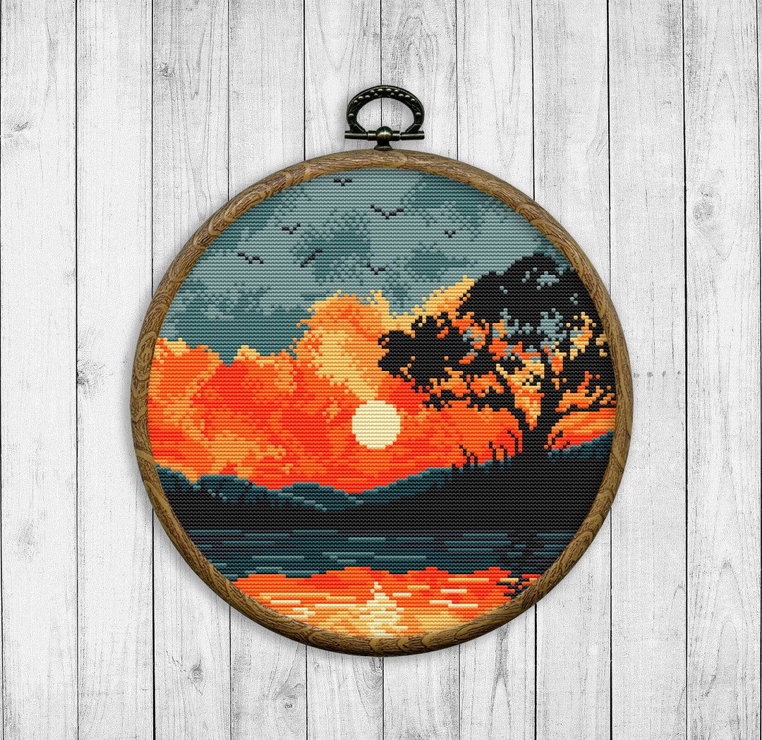 Nature Cross Stitch Pattern, Sunset Cross Stitch Pattern, Mountain, Sea ...