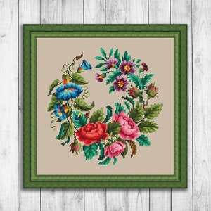 Vintage Wreath # 7 Cross Stitch Pattern, Flowers Cross Stitch Pattern ...