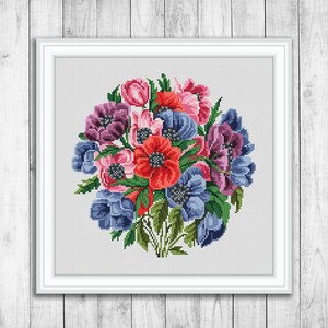 Vintage Anemones Cross Stitch Pattern, Spring Flowers Cross Stitch ...
