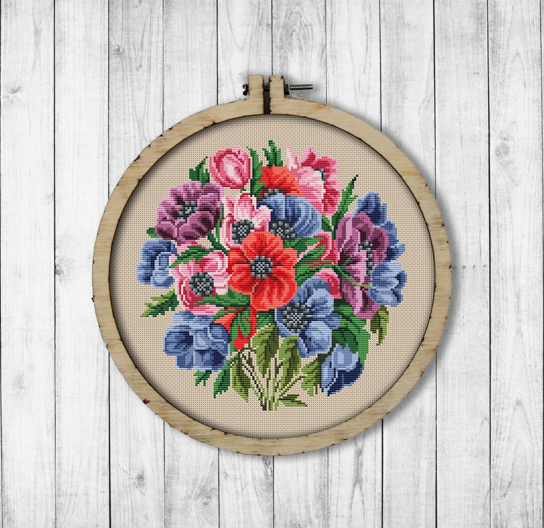 Vintage Anemones Cross Stitch Pattern, Spring Flowers Cross Stitch ...