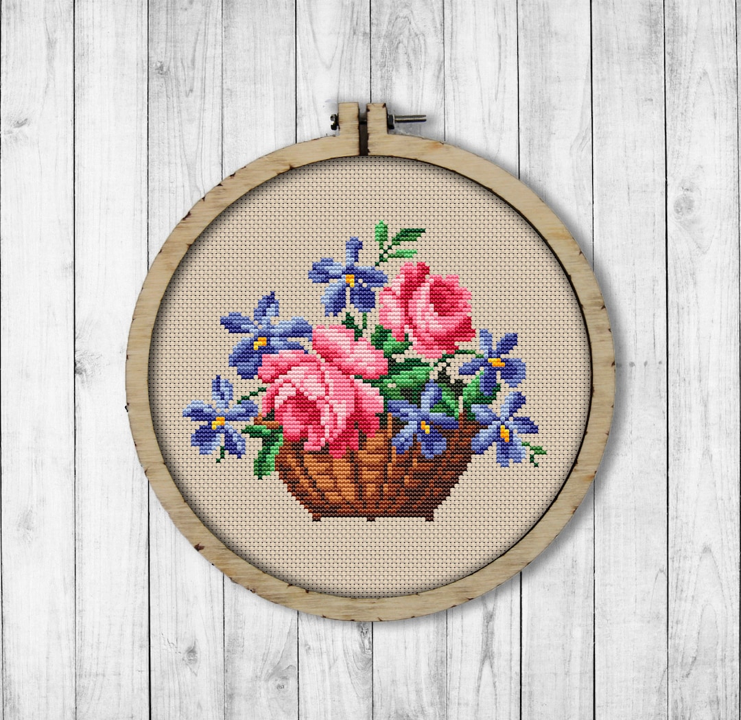 Vintage Violets and Roses Cross Stitch Pattern, Basket of Flowers Cross ...