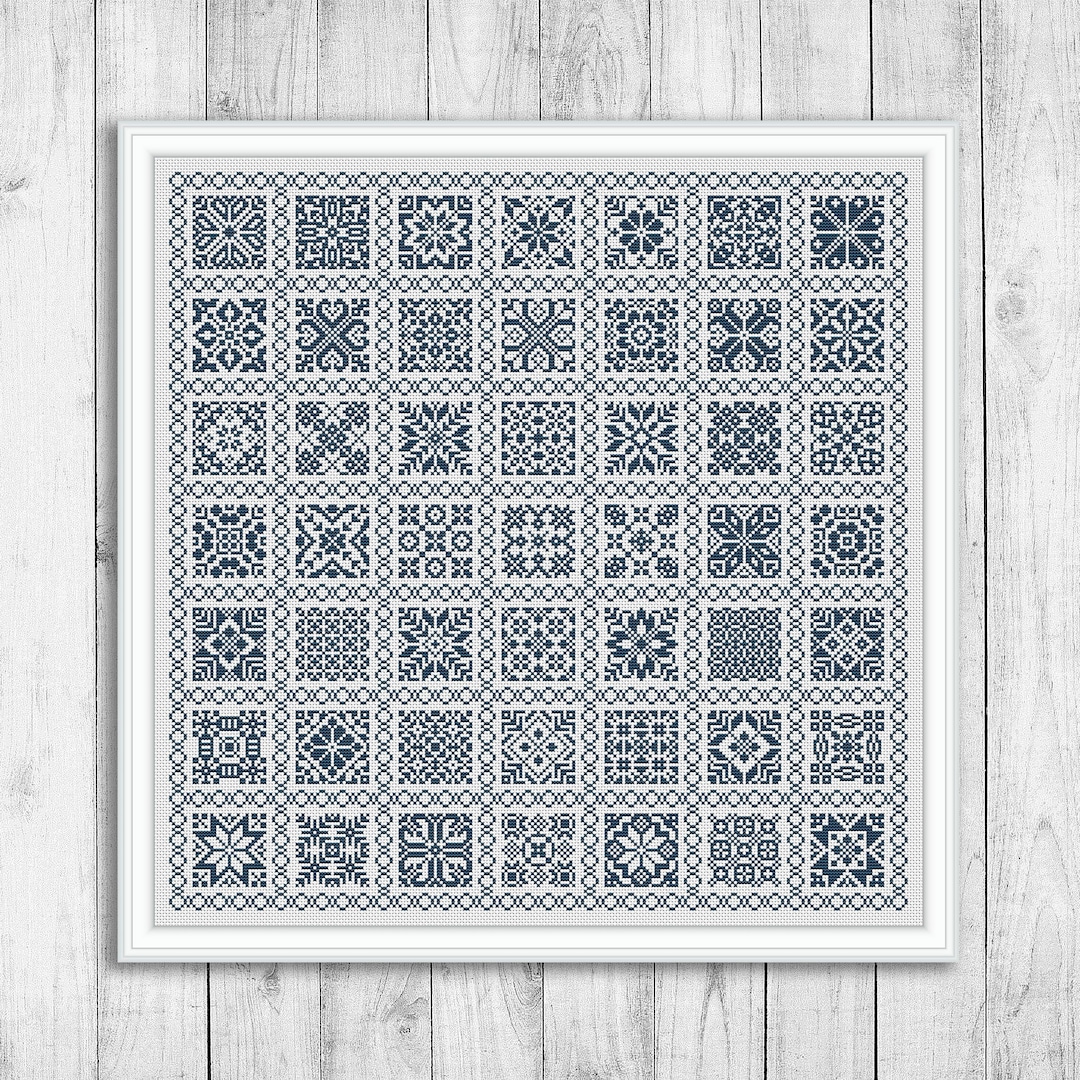 Sampler Cross Stitch Pattern, Square Tiles Motif Cross Stitch Chart ...