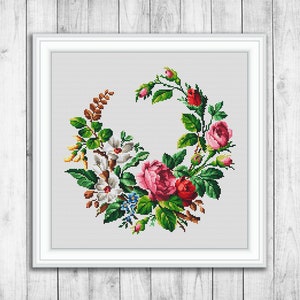 Vintage Wreath # 9 Cross Stitch Pattern, Flowers Cross Stitch Pattern ...