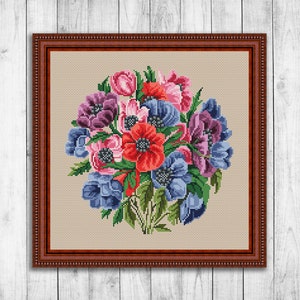 Vintage Anemones Cross Stitch Pattern, Spring Flowers Cross Stitch ...