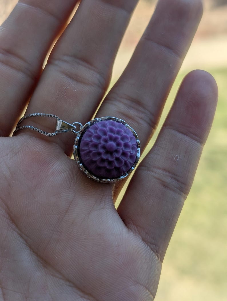 Hand-carved Purple Phosphosiderite Pendant, Sterling Silver Floral ...