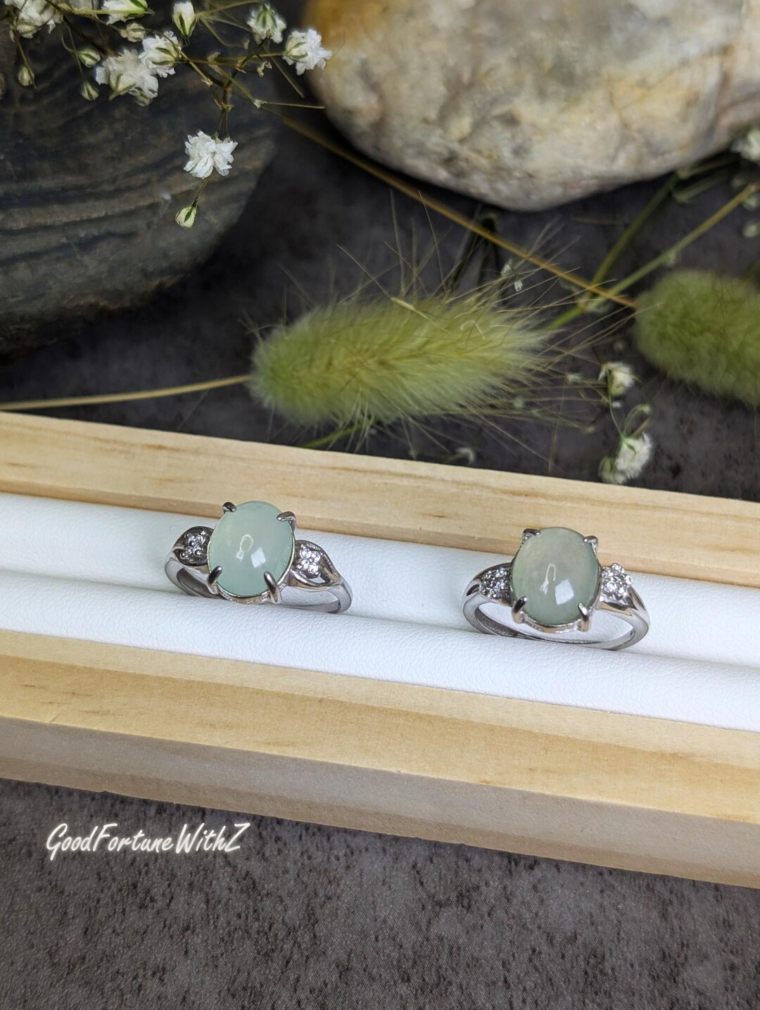 Natural Floral Sterling Silver Jadeite Jade Adjustable Promise Rings ...
