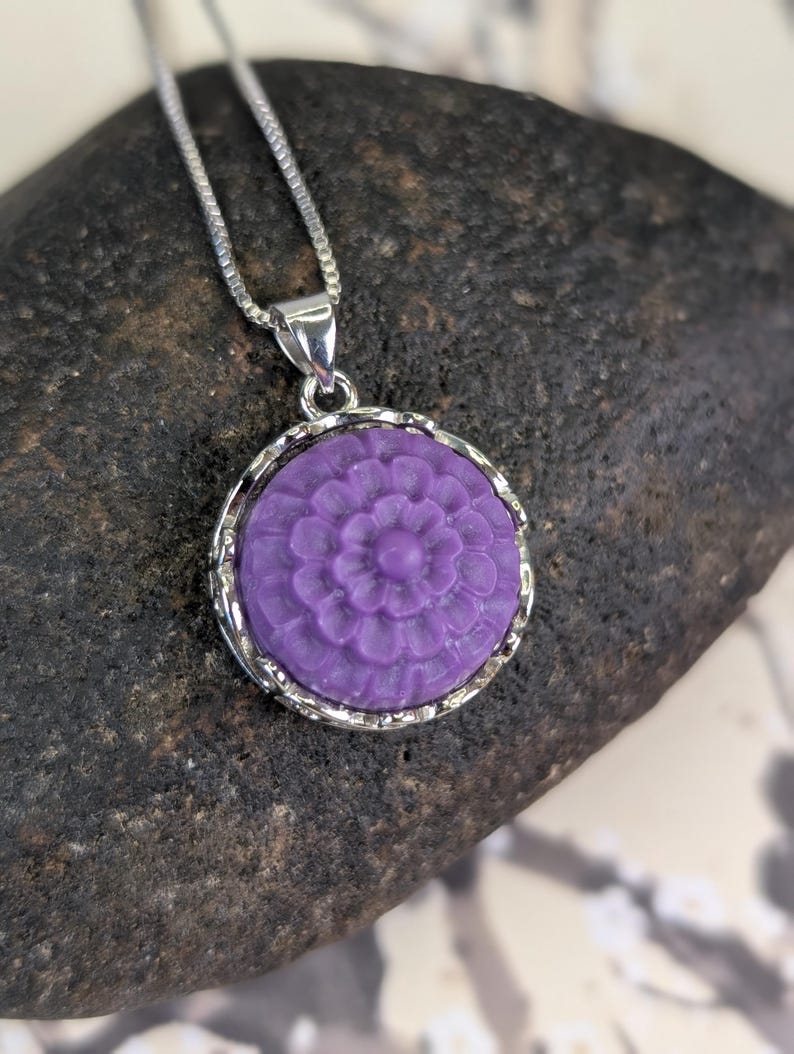 Hand-carved Purple Phosphosiderite Pendant, Sterling Silver Floral ...