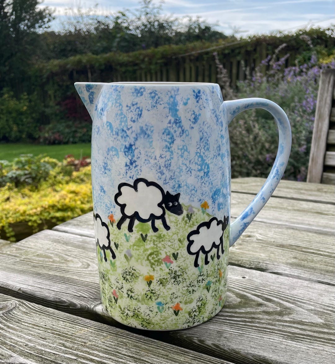 Happy, Sheep, Jug, Pitcher, Vase. Ceramic Pottery Shop, Hand Painted ...