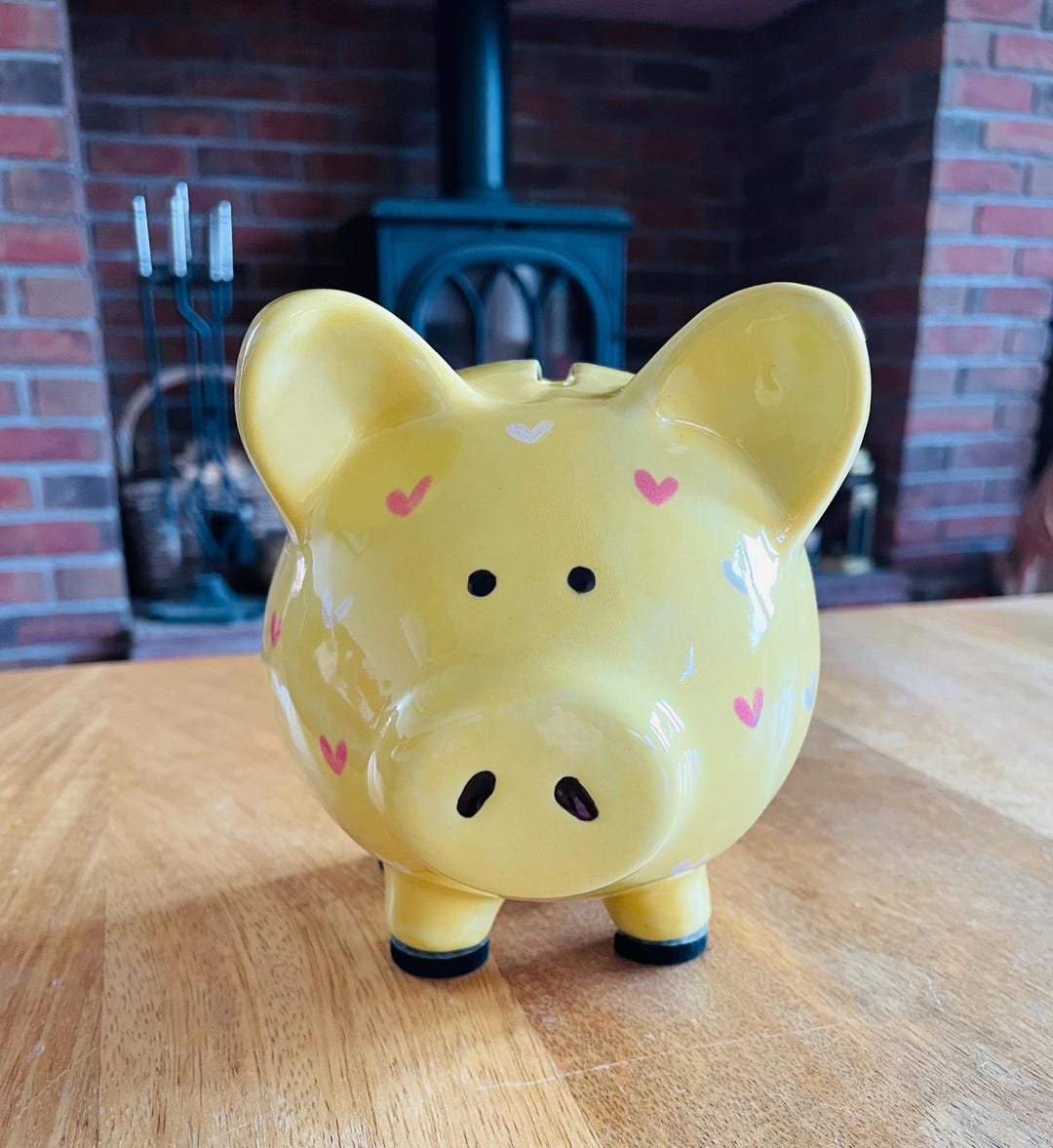 Hand Painted Ceramic Piggy Bank: Yellow With Sweetheart Hearts, Medium ...