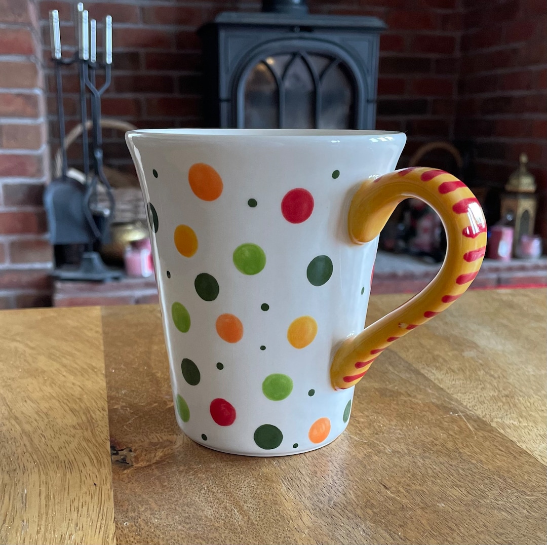 Fluted Red, Yellow, Green and Orange Spotty Mug. Hand Painted, Ceramic ...