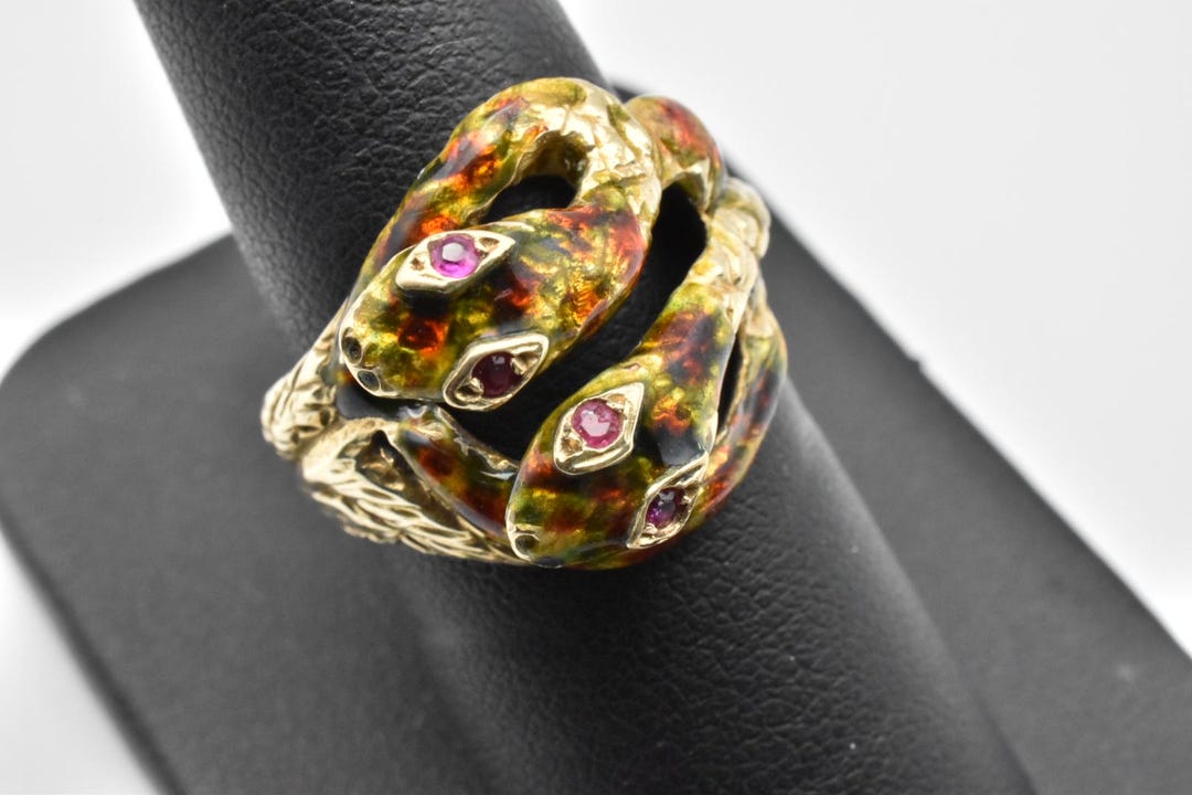 Vintage Enamel Double Headed Snake With Ruby Eyes Ring, 14K Yellow Gold ...