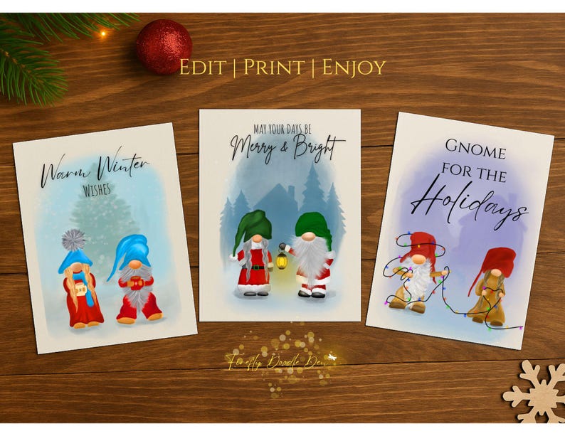 Gnome Holiday Card Bundle | 3 Editable Printable Cards | Instant ...