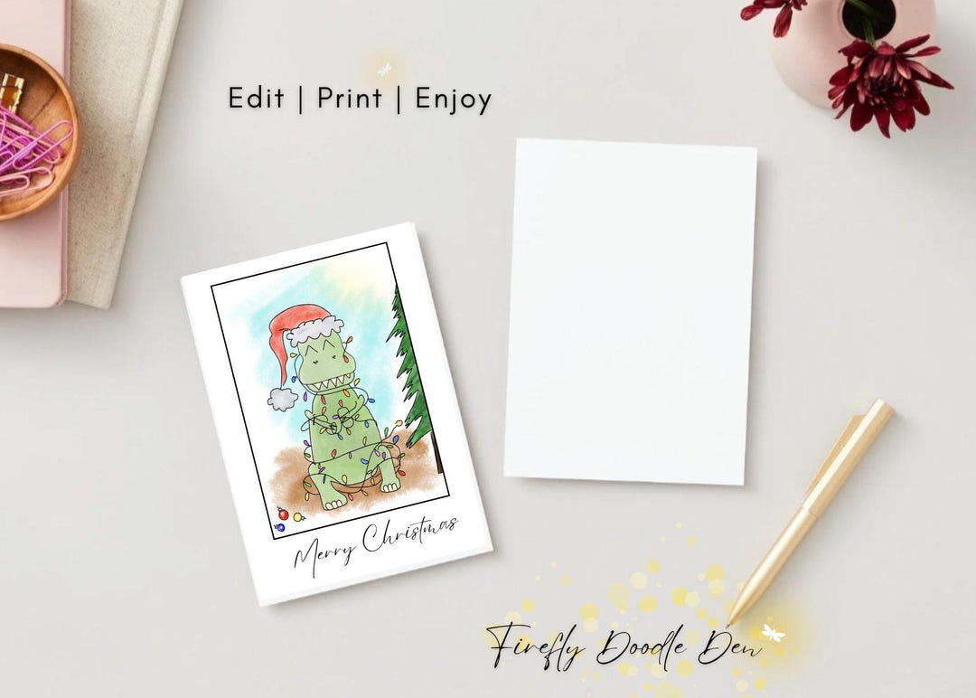 T Rex Editable Canva Template | Cozy Holiday Card | Hand-drawn Digital ...