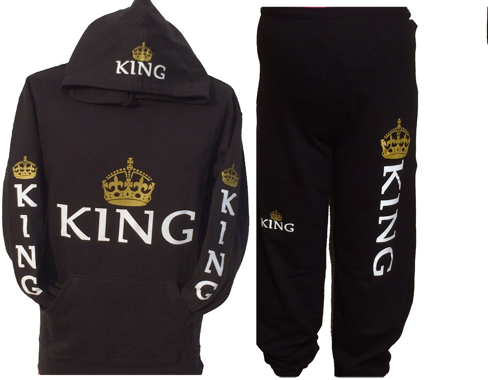 King Sweatsuit Outfit Black Sweatpants and Sweatshirt White and Gold ...
