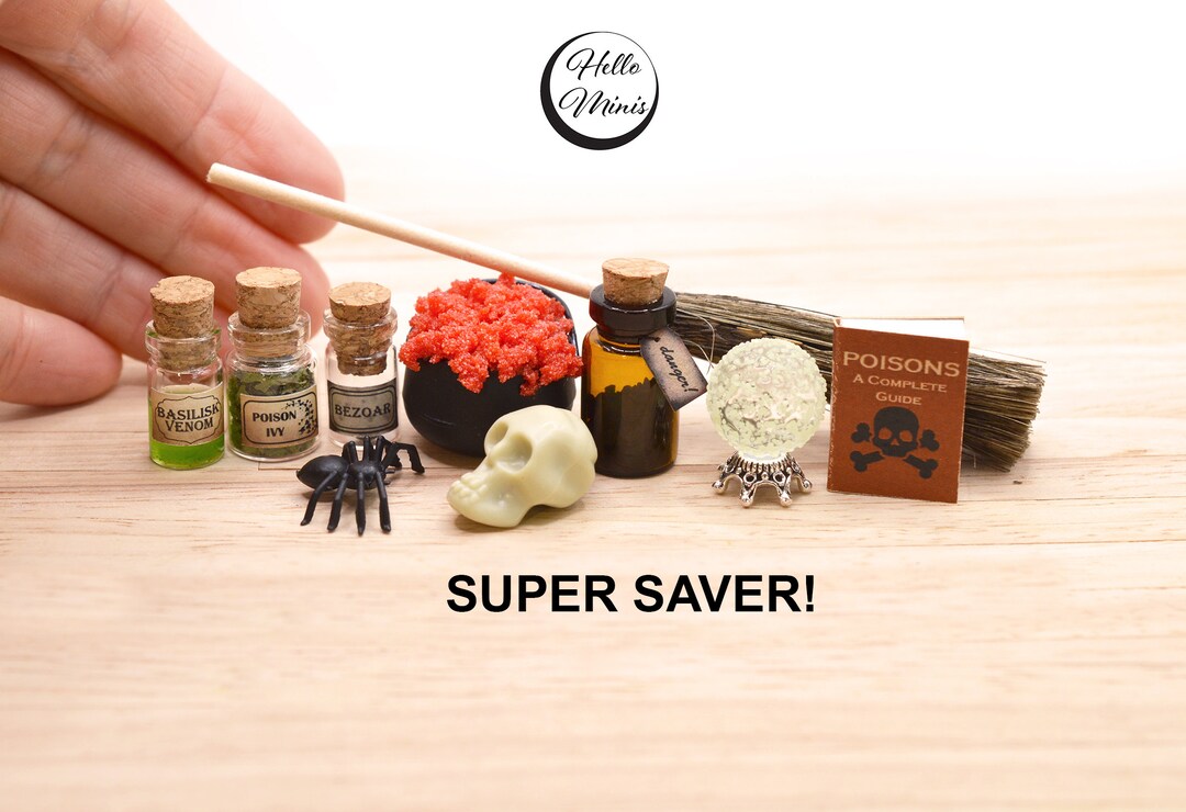 Super Saver! Miniature Wizard Set Cauldron Broom Book Cat Potion Witch ...