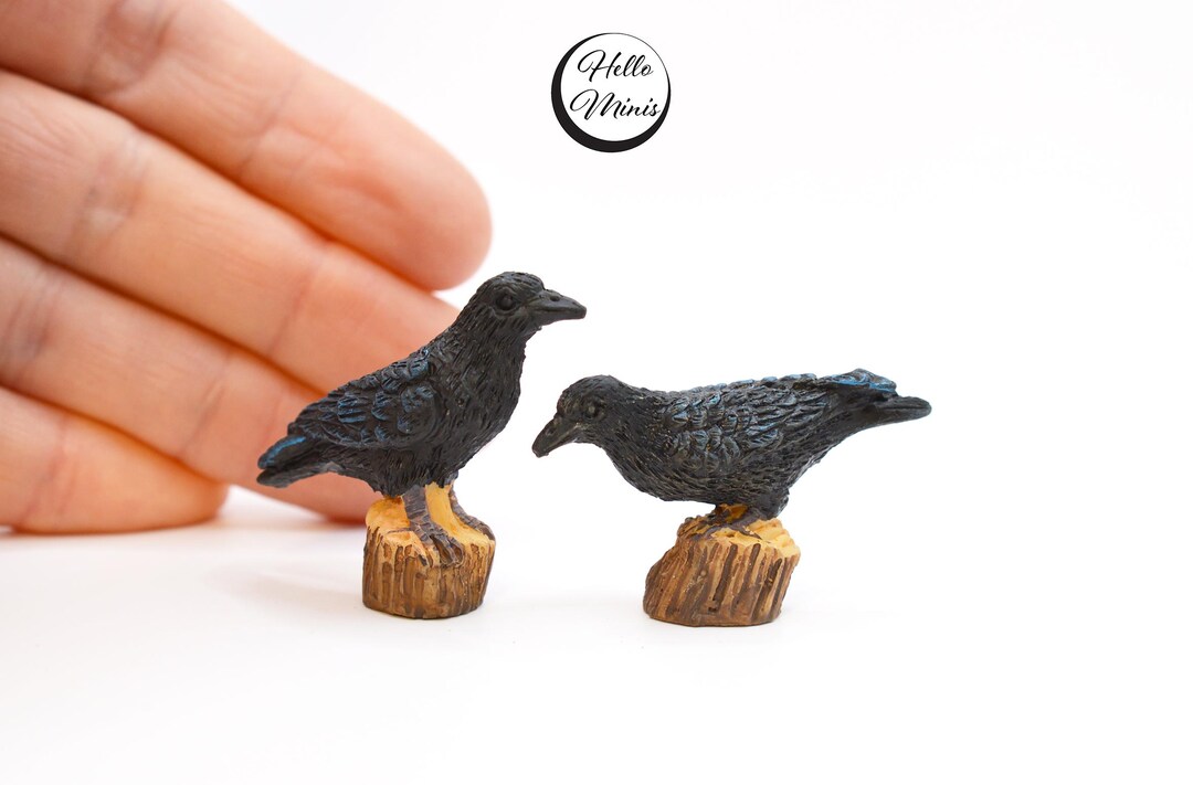 Two Miniature Crows Witch Wizard Cauldron Broom Crow 1:12 Scale Dolls ...