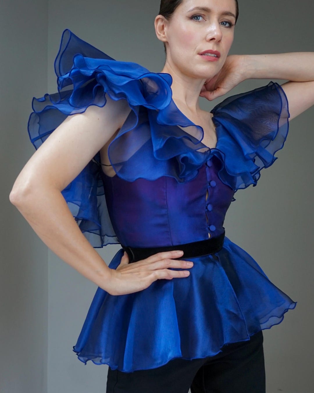 Vintage 1980s Blue Organza Ruffle Blouse Top/ Chiffon Frill/ Peplum ...