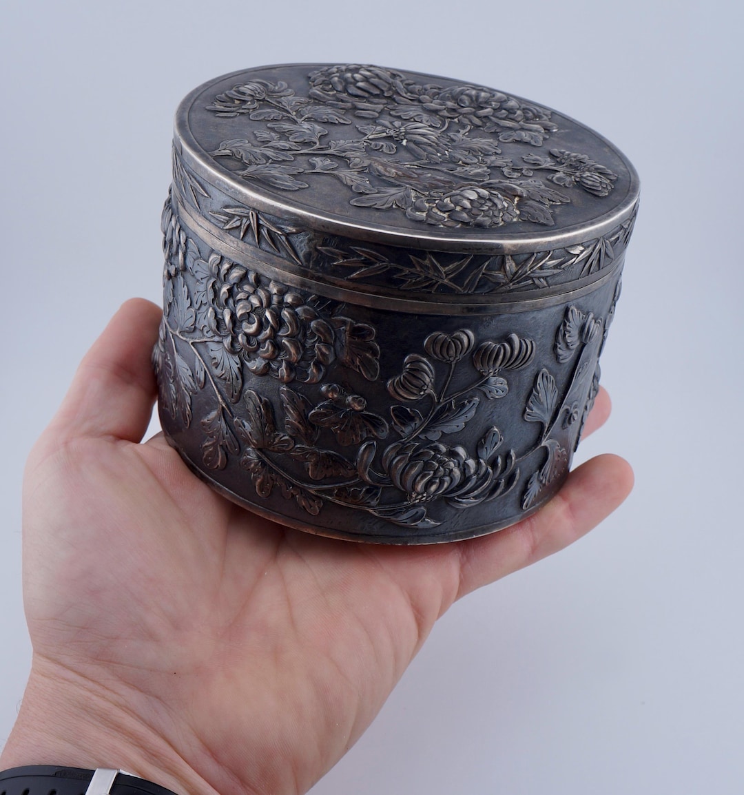Antique Chinese Export Wang Hing Coin Silver Floral Trinket Box Vintage ...