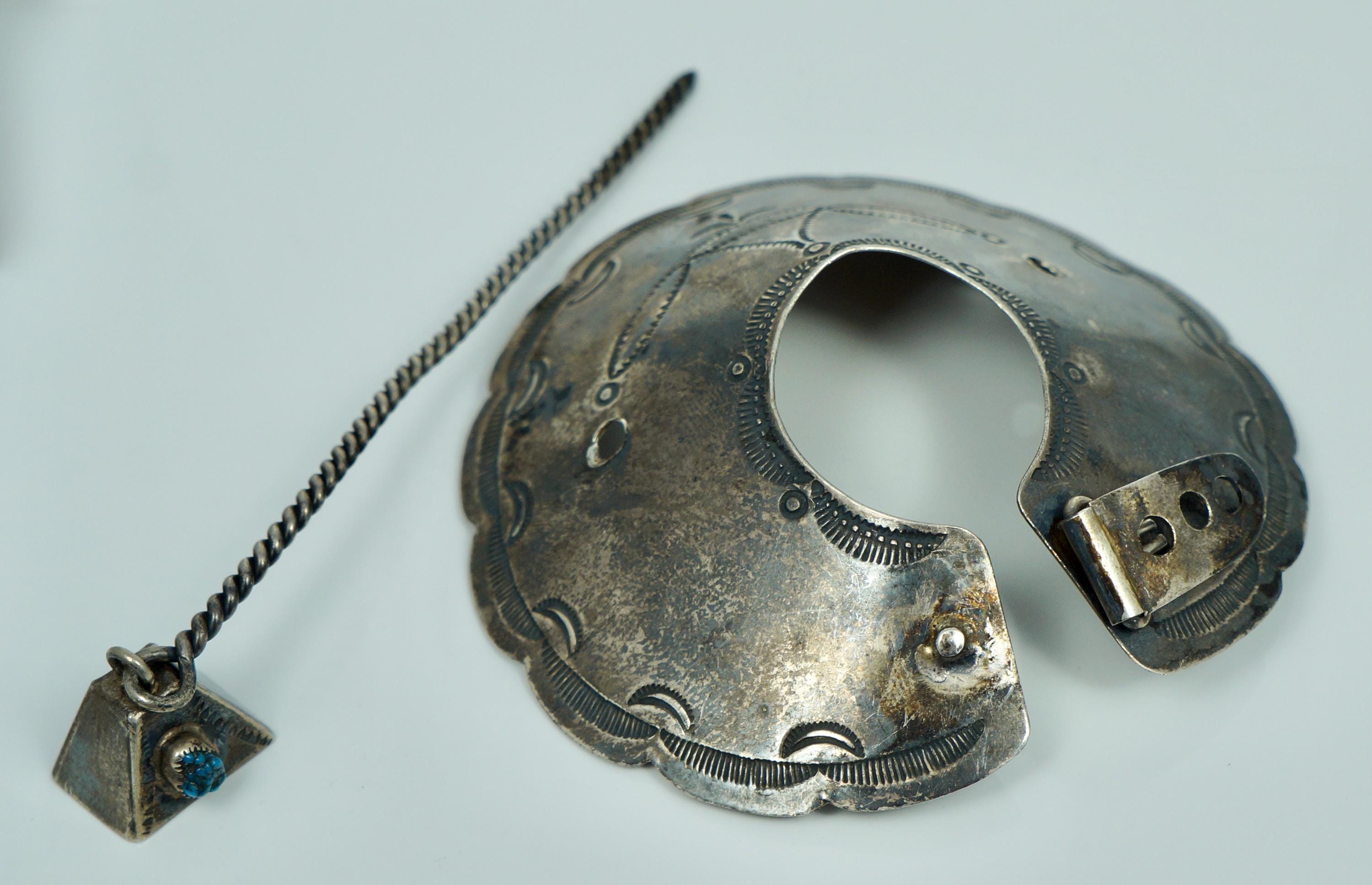 Vintage Navajo Sterling Turquoise Hair Bun Barrette Ponytail Native ...