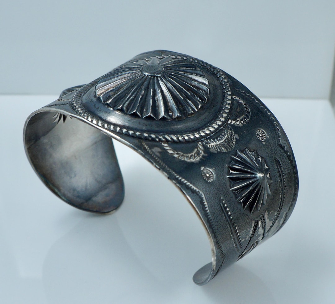 Vintage Navajo Sterling Silver Native American Concho Punch Stamp Cuff ...