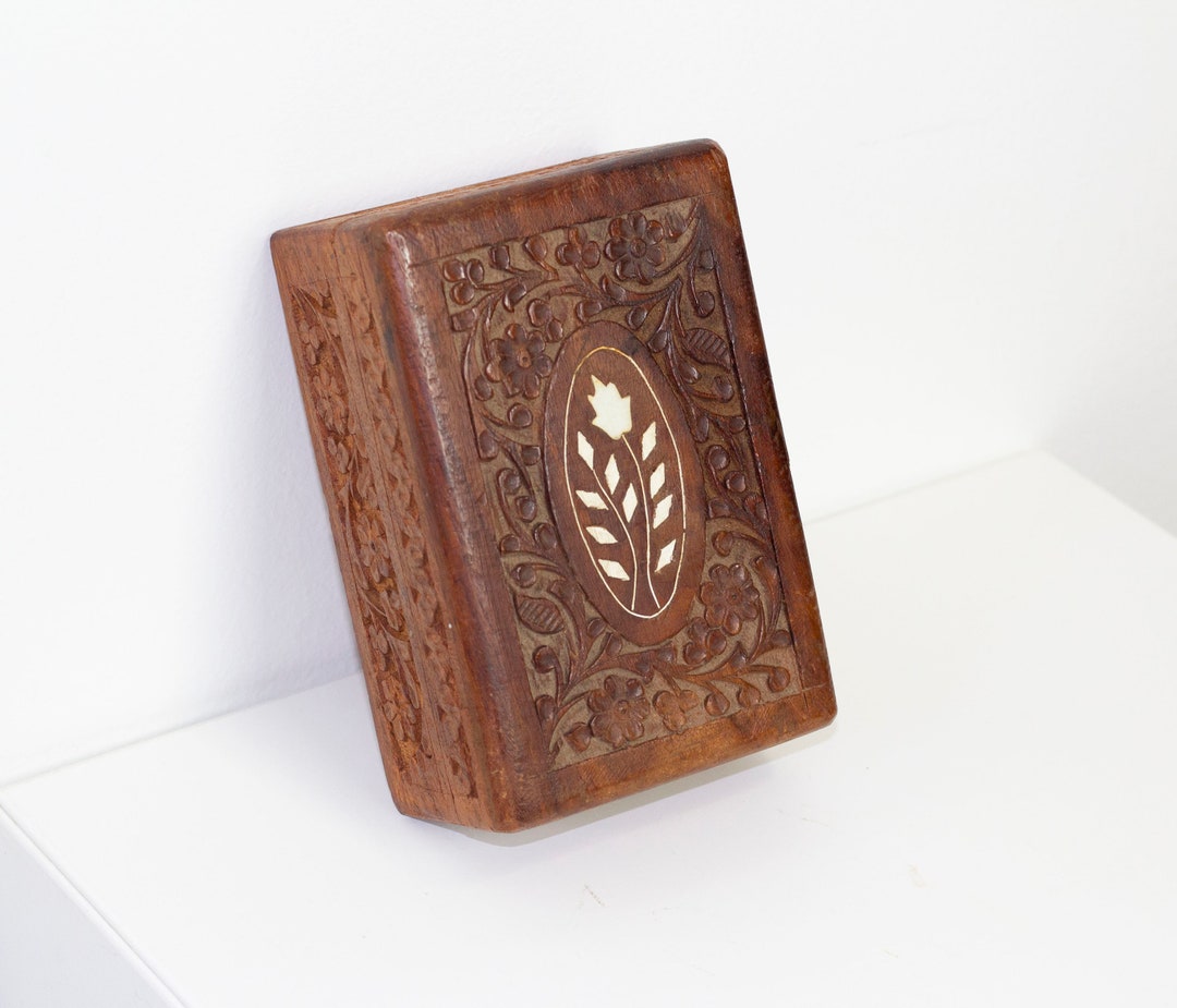 Vintage 1960s Carved Wood Bone Inlay Flower Trinket Box - Etsy