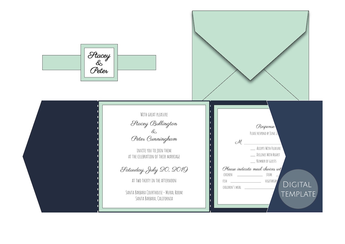 Set Classic Tri Fold Pocket Wedding Invitation Square Envelope | Etsy