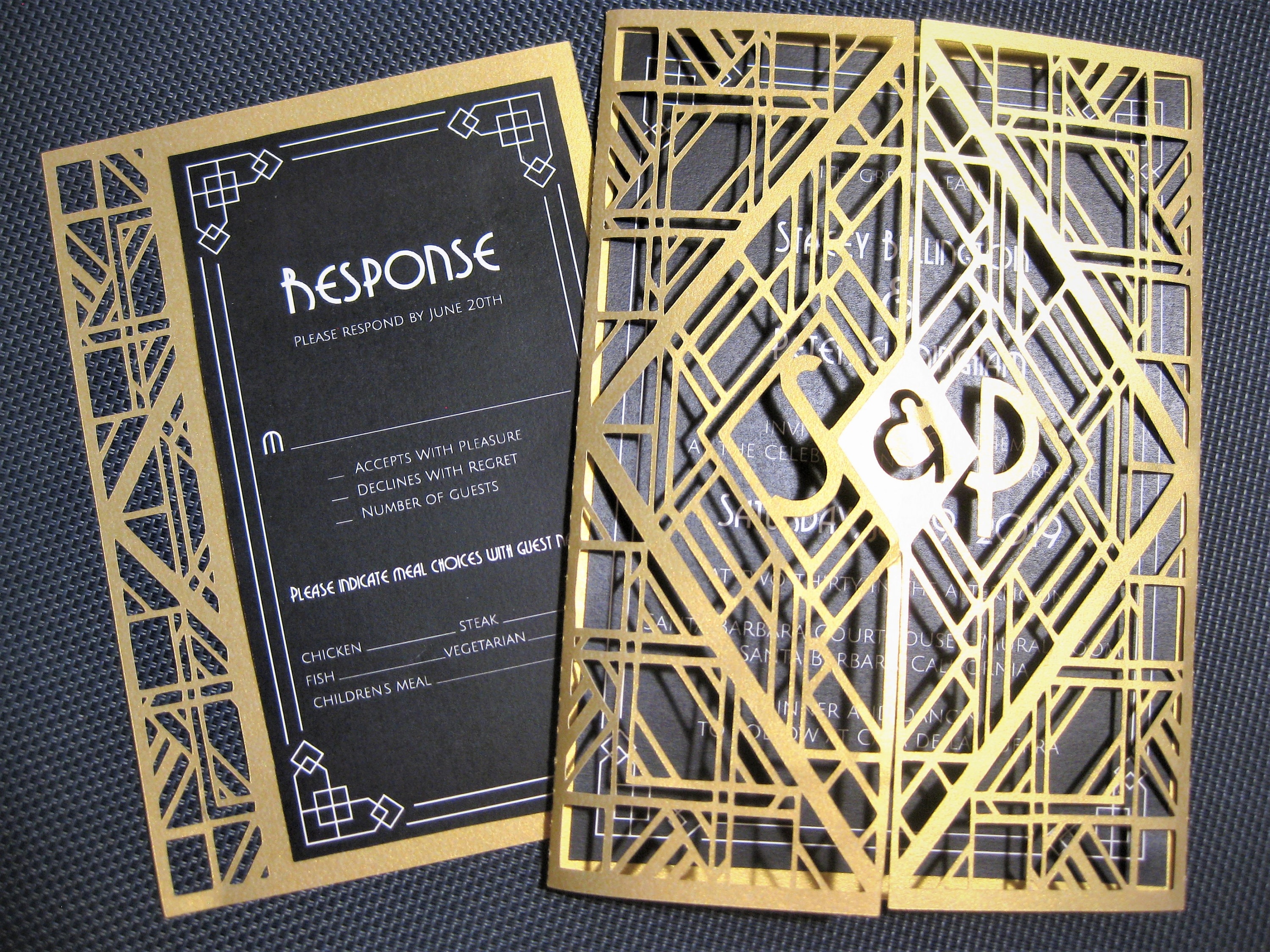 Set Wedding Invitation Gate Fold Cut Template A7 5x7 Art Deco Card RSVP ...