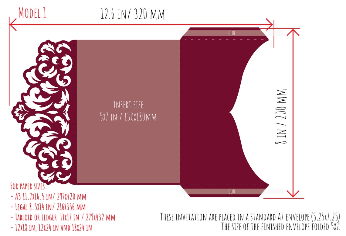 Wedding Invitation Pocket Envelope Cut Template 5x7 Classic Swirl Lace ...