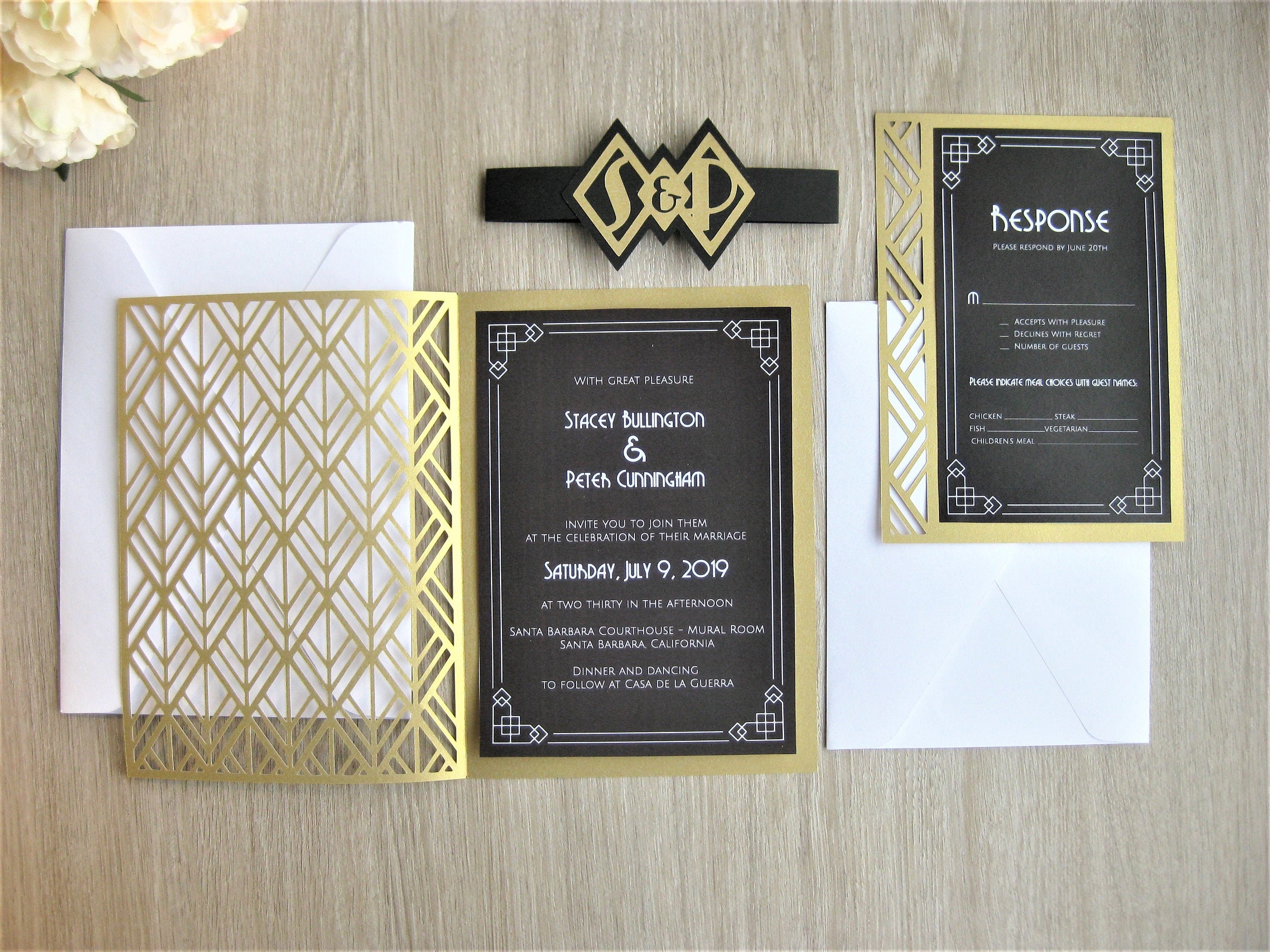 Set Art Deco Great Gatsby 20s Wedding Invitation 5x7 RSVP Card Envelope ...
