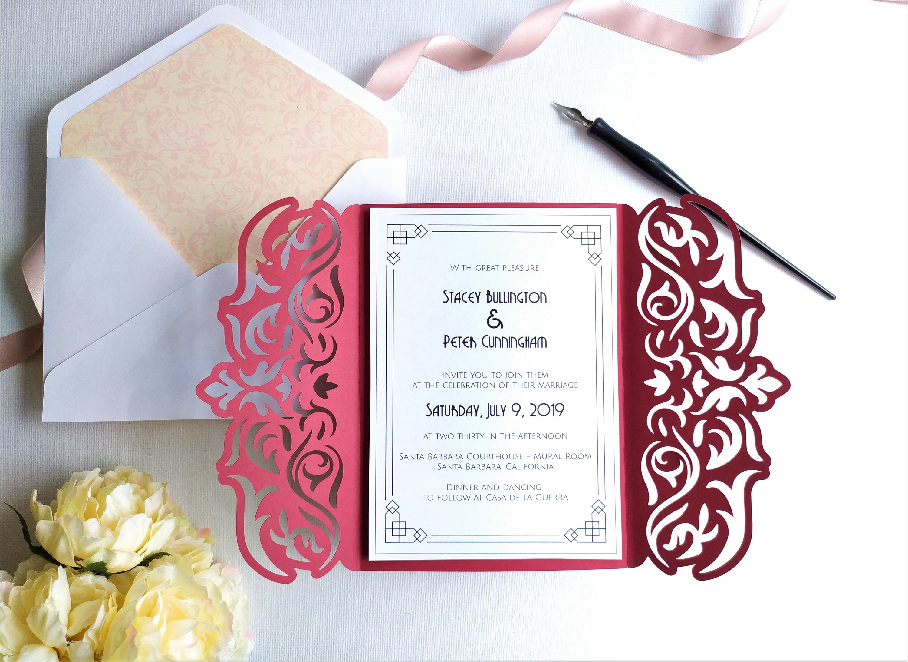 Set Wedding Invitation Gate Fold A7 5x7 Swirl Lace Card | Etsy